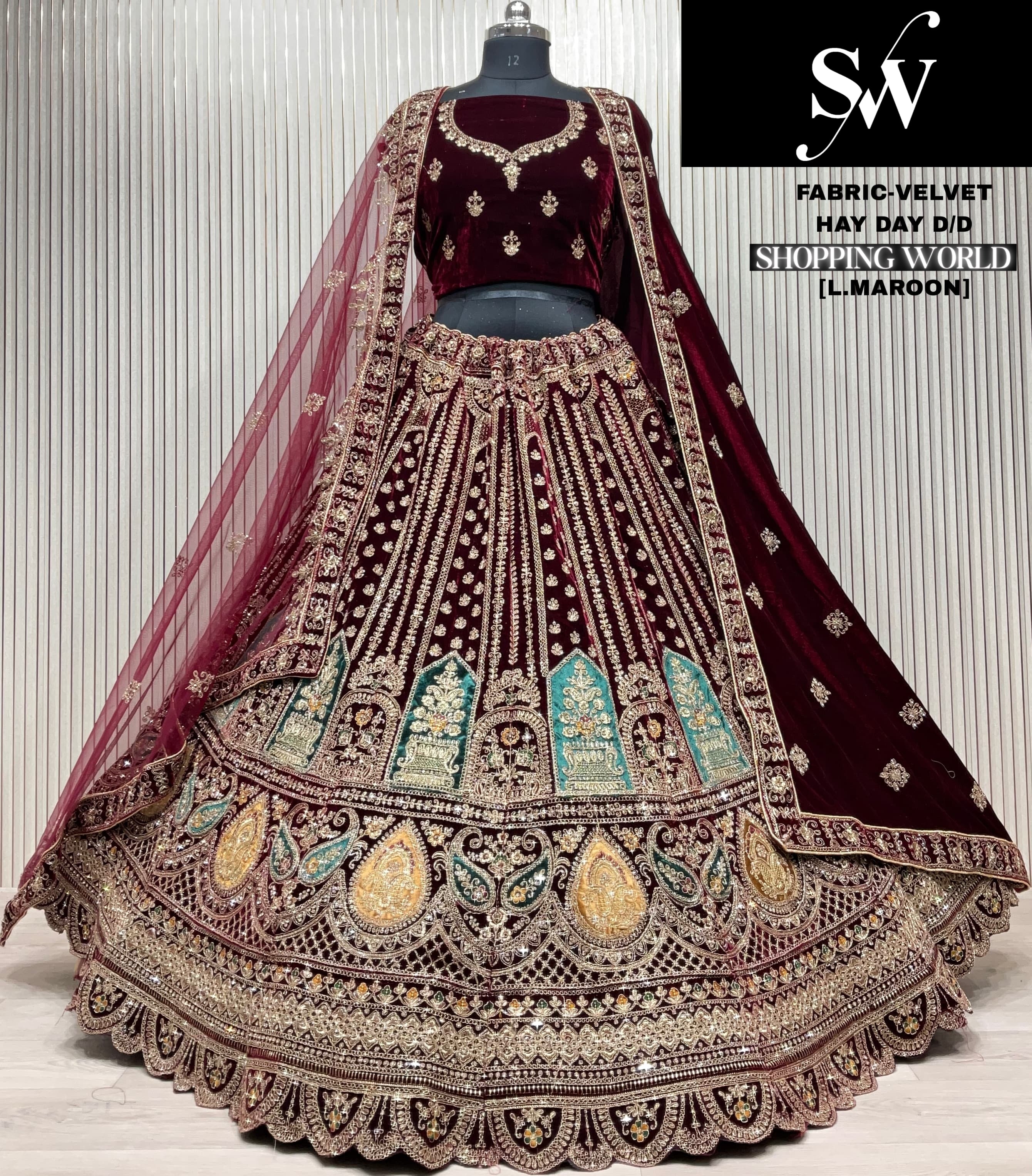 Something different Dark maroon Double duptta Velvet Bridal Lehenga ...