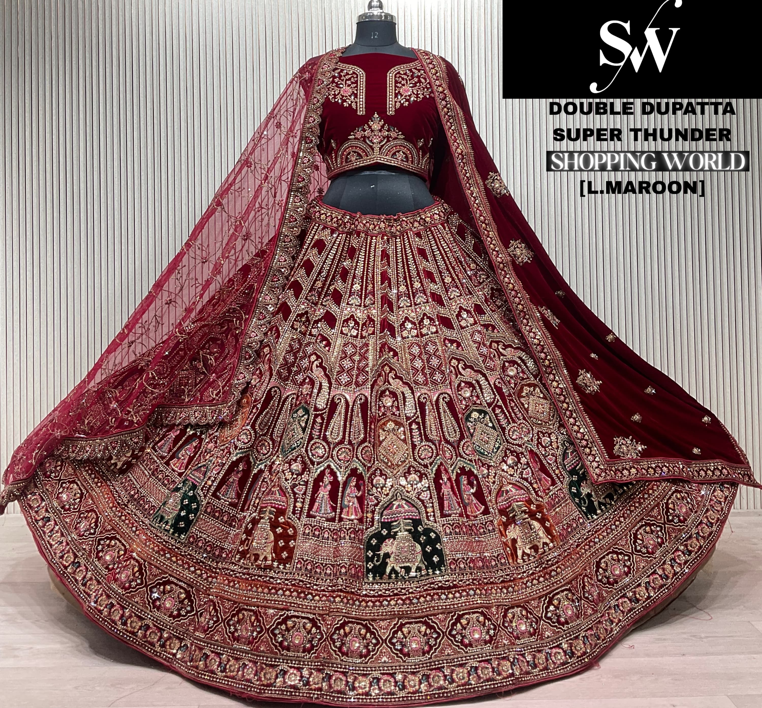 Embellished light maroon peacock Double Duptta Bridal Lehenga ...