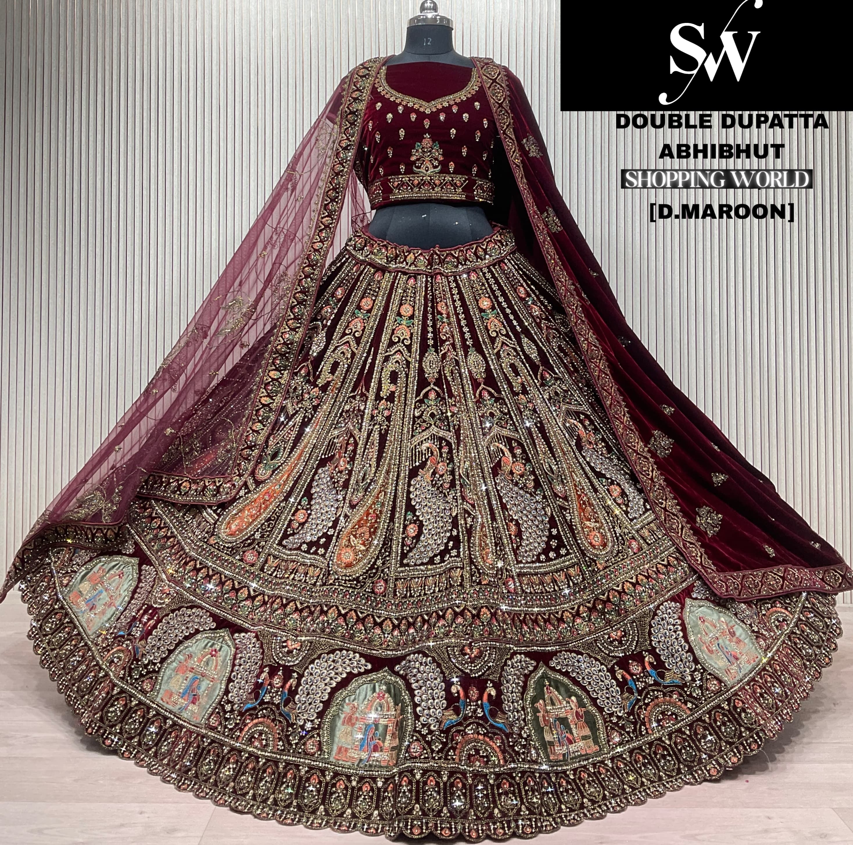 Attractive Dark maroon peacock Double Duptta Bridal Lehenga – Shopping ...