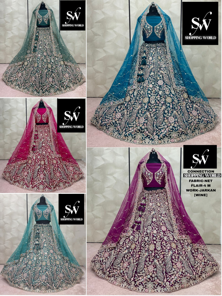 Designer Wine Hot pink Sky blue pista green Rama green Net Lehenga ...